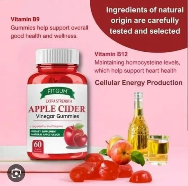 FITGUM Extra Strength Apple Cider Vinegar Apple Flavor, 60 Chewable Gu