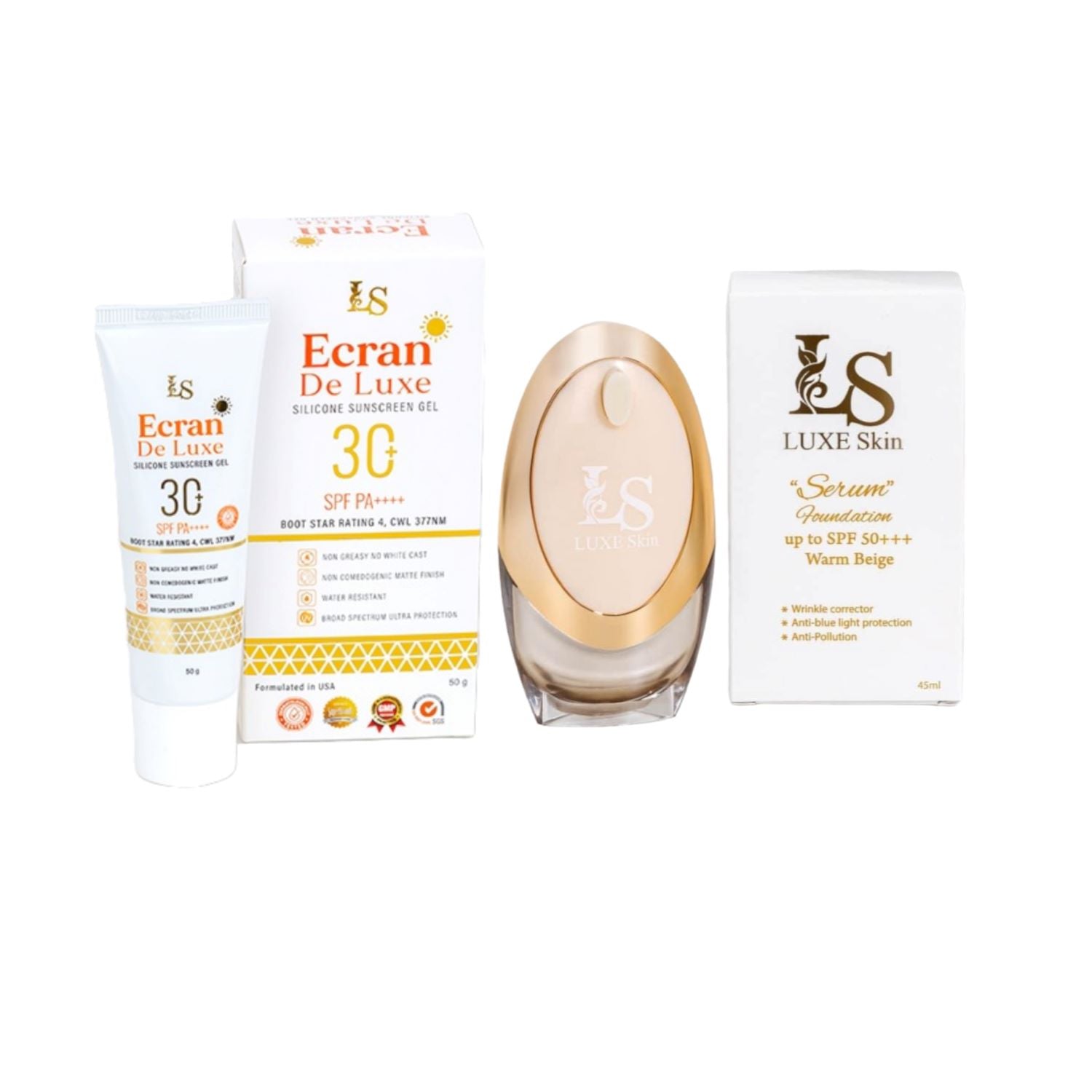 Luxe Skin Ecran De Luxe Silicone Sunscreen Gel & Warm Beige Serum Foun ...